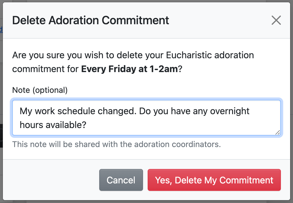 Adorers Can Include a Note When Deleting a Commitment · We Adore Him